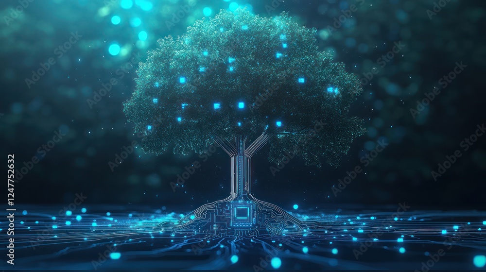 Glowing digital tree, network roots, bokeh background; tech concept ...