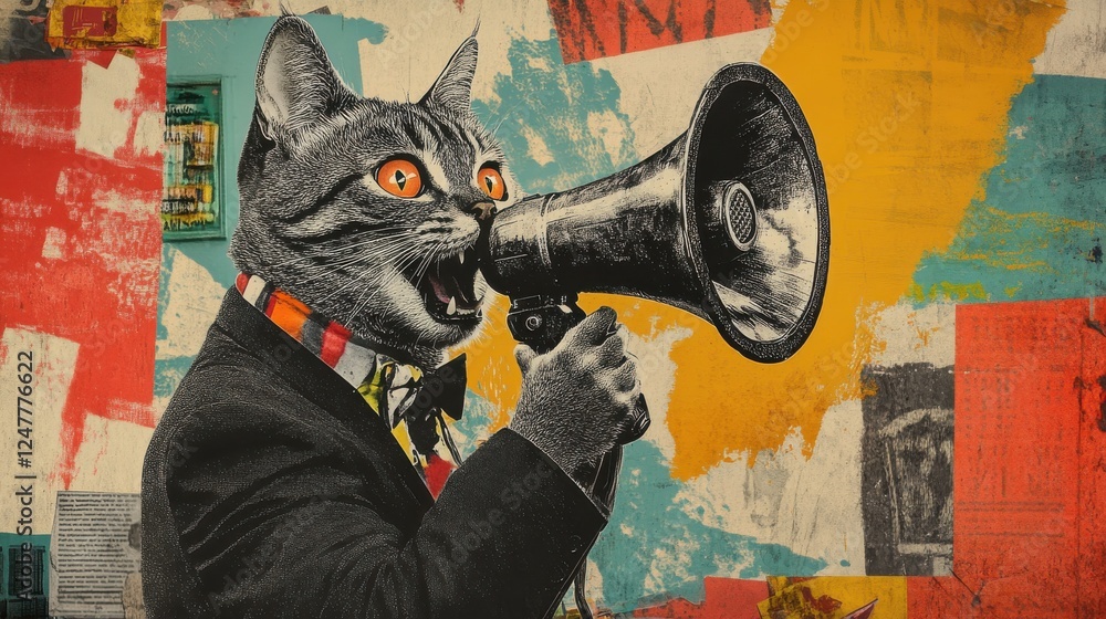 Cat in Suit Shouting with Megaphone Colorful Collage Art Stock ...