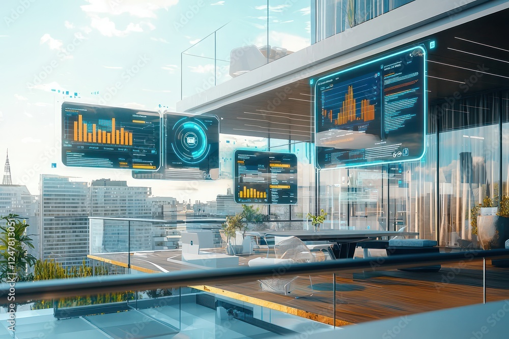 Global sales strategies are depicted on AI-powered floating dashboards ...