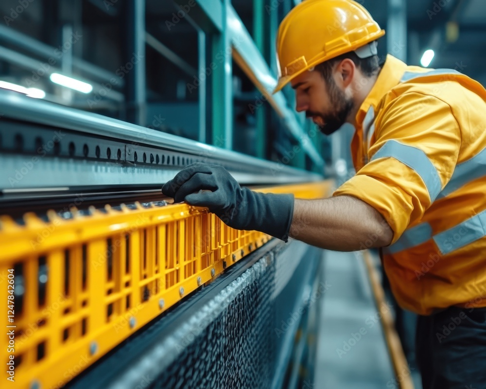 Factory worker securing machine guard, preventing industrial accidents A crucial step in ...