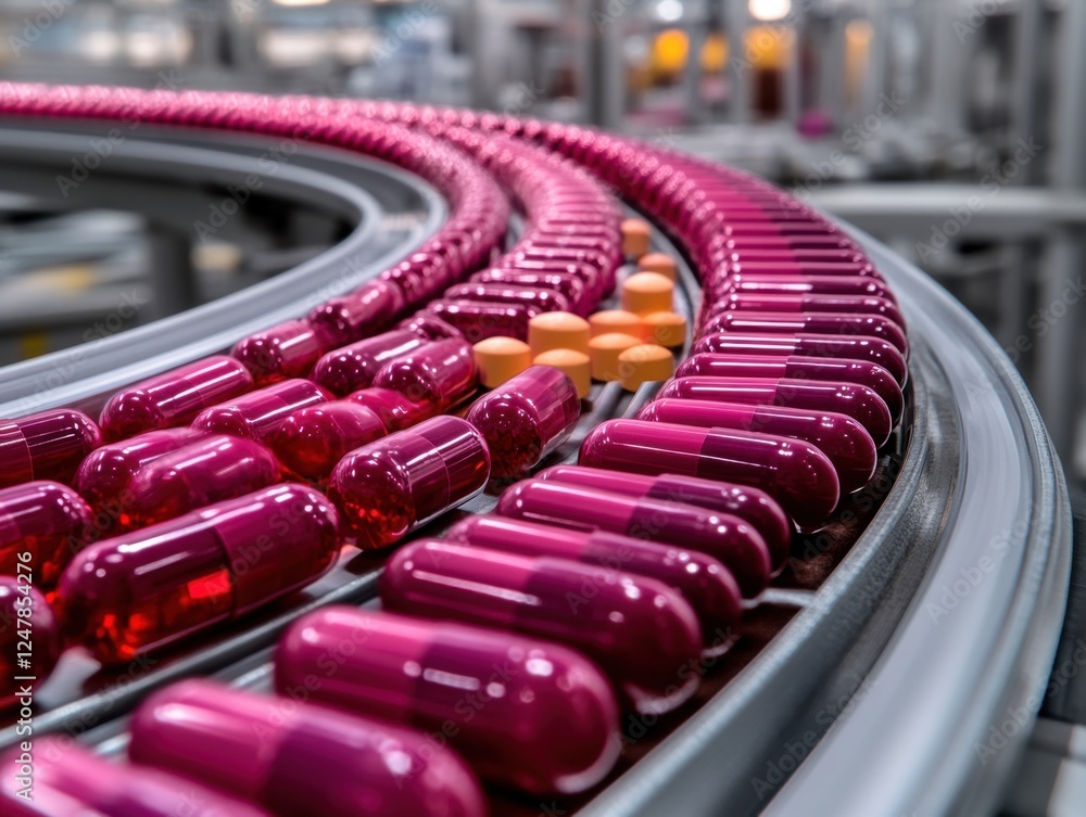 High-speed pharmaceutical capsule conveyor belt system showcasing ...