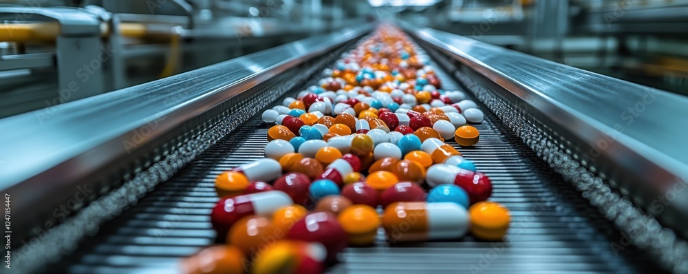 High-Speed Pharmaceutical Production A Conveyor Belt Filled with ...