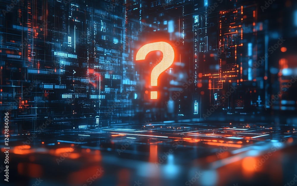 Sleek business workspace with floating question mark holograms on a ...