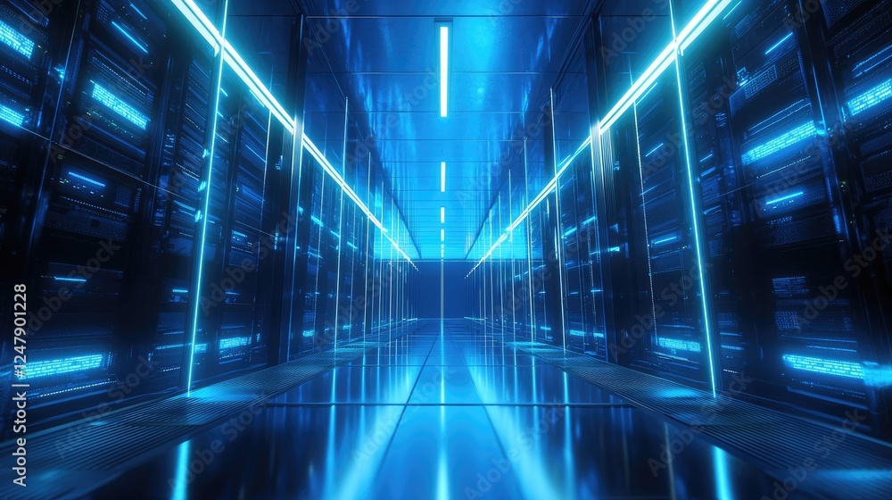 Illuminated data center corridor with blue futuristic lights ...