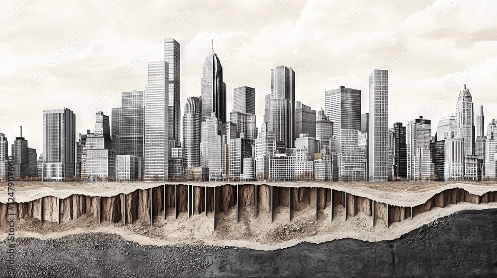 Cross section geology layers beneath modern city, monochromatic urban ...