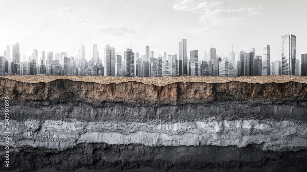 Cross section geology layers beneath modern city, monochromatic urban ...