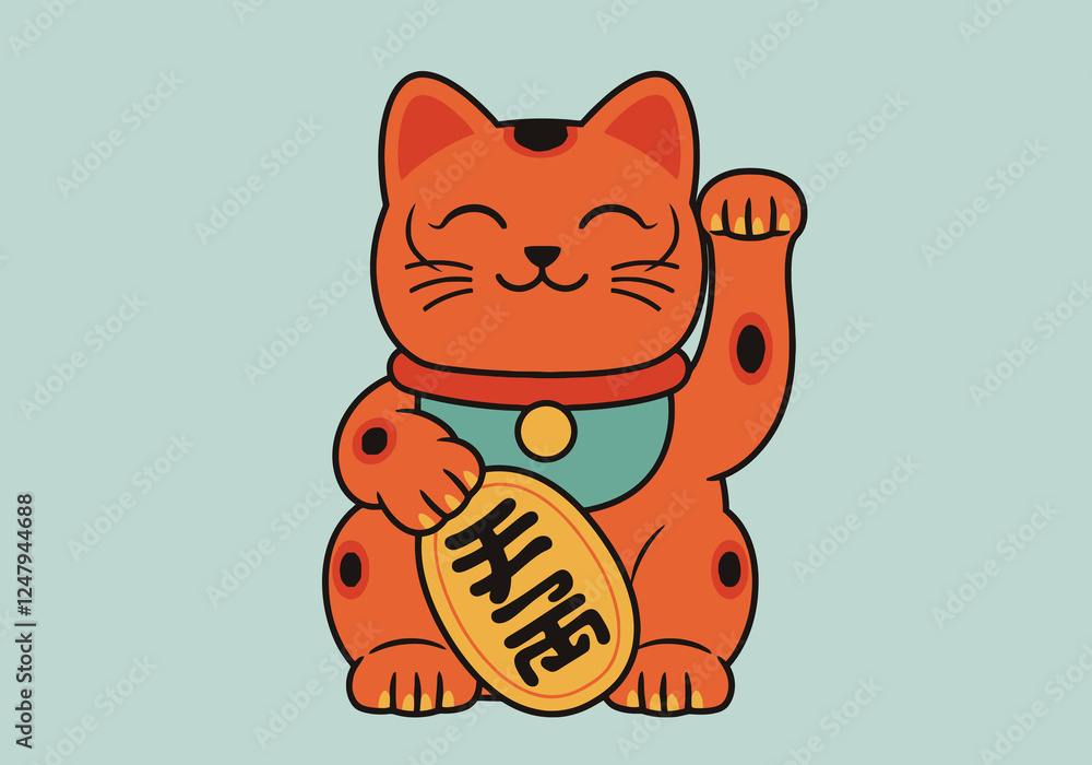 Lucky Cat Clip Art. A red Maneki-neko with a raised paw and a gold coin ...