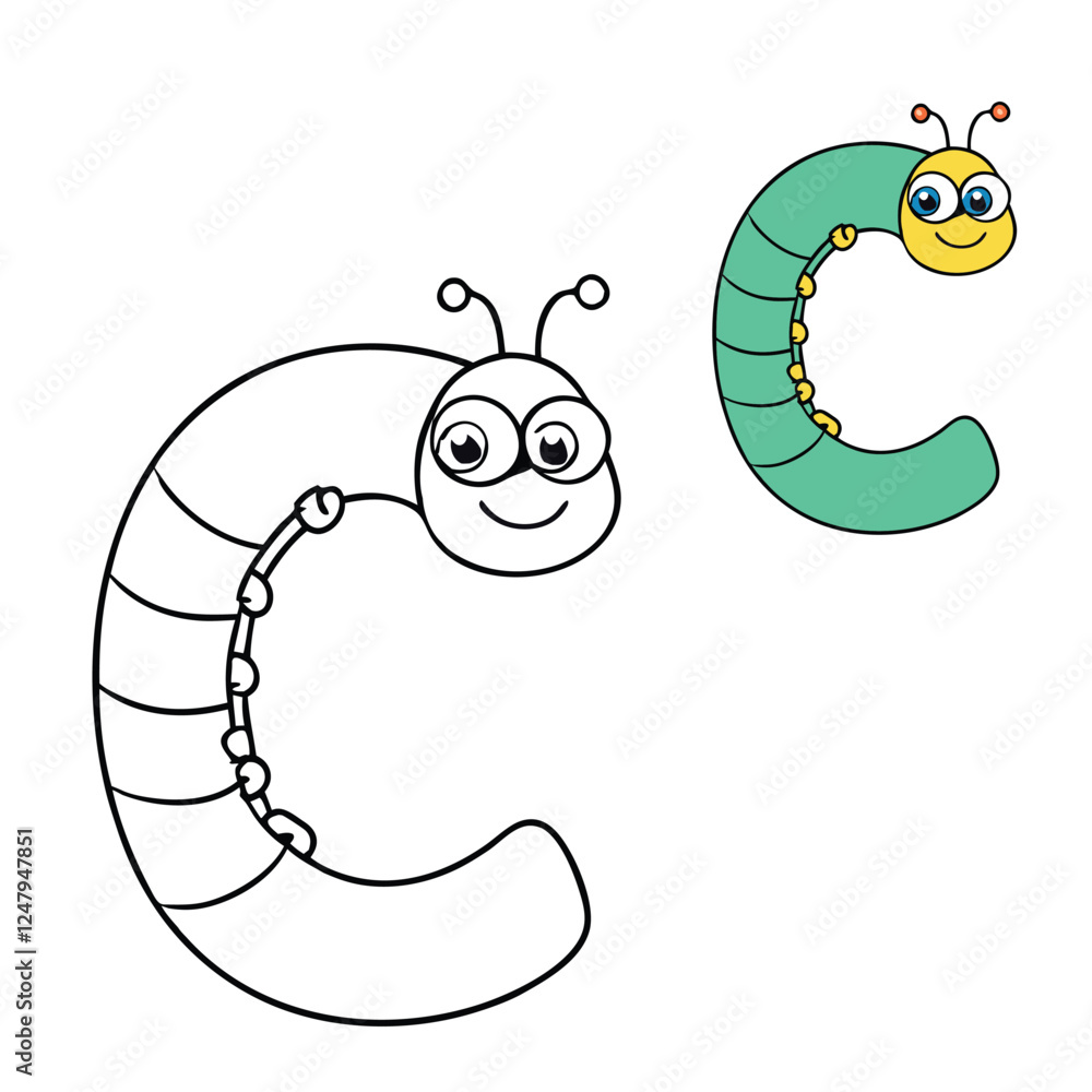 Alphabet letter "C" with a cute caterpillar coloring page. Fun and ...
