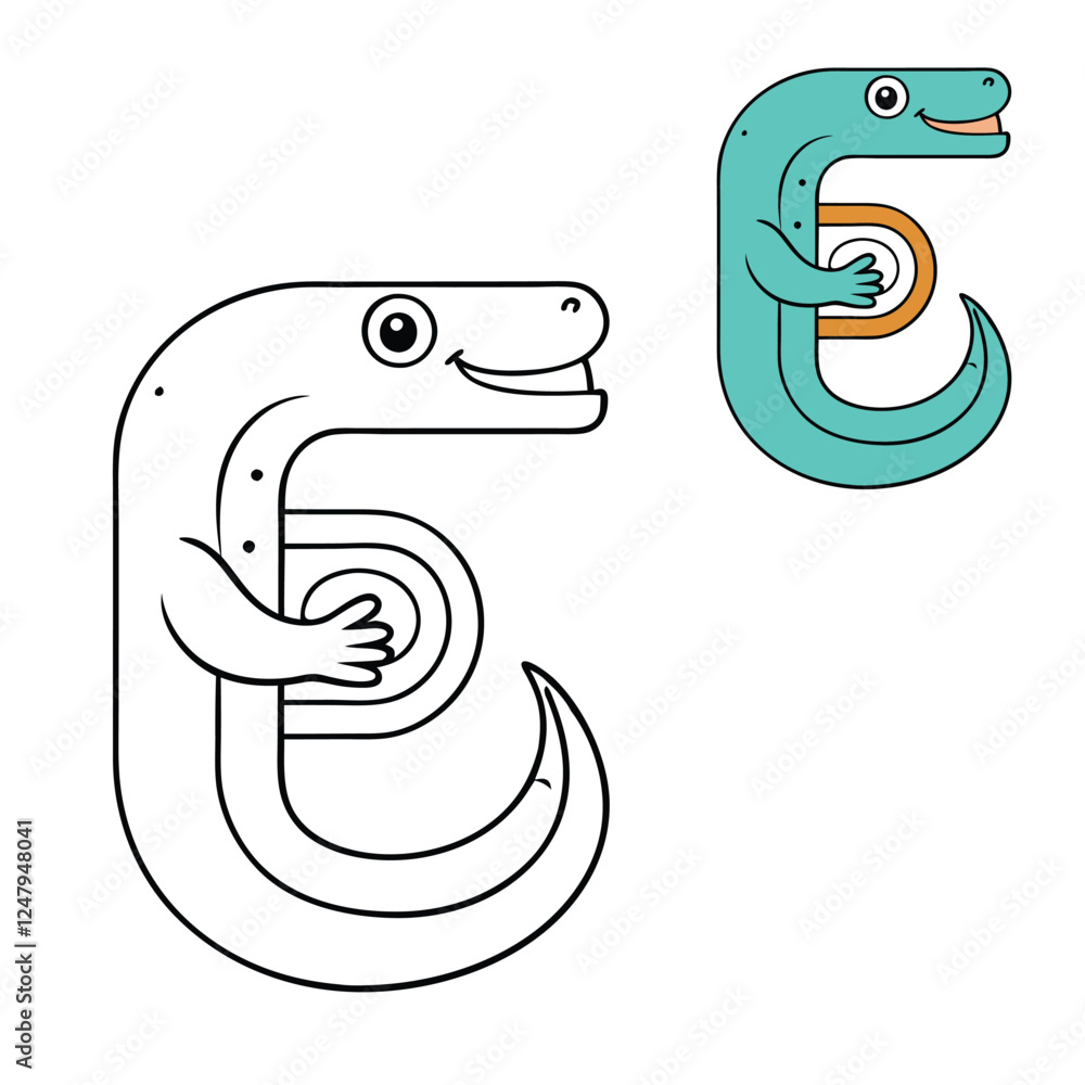 "Fun alphabet coloring page featuring the letter 'E' with a detailed ...