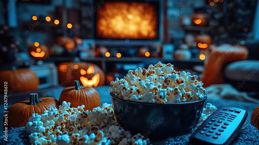 A Halloween-themed setup for watching horror movies featuring popcorn ...
