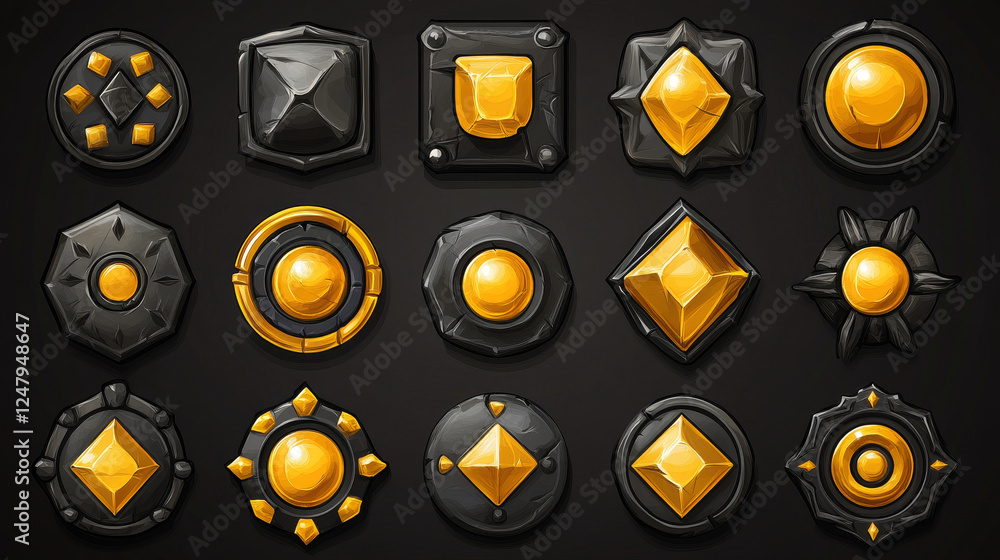 Silver game buttons set isolated on black background. Vector cartoon ...