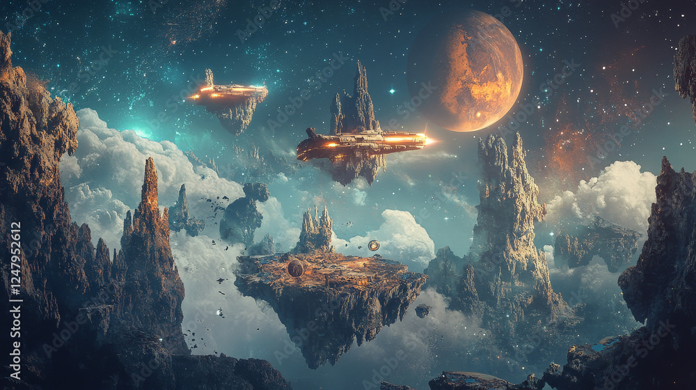 Game level map with floating islands and star rating, flying spaceship ...