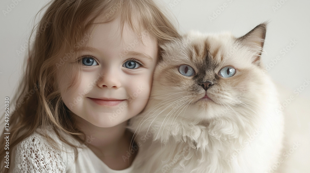 White background, a toddler girl, bright eyes, modest smile, next to a ...