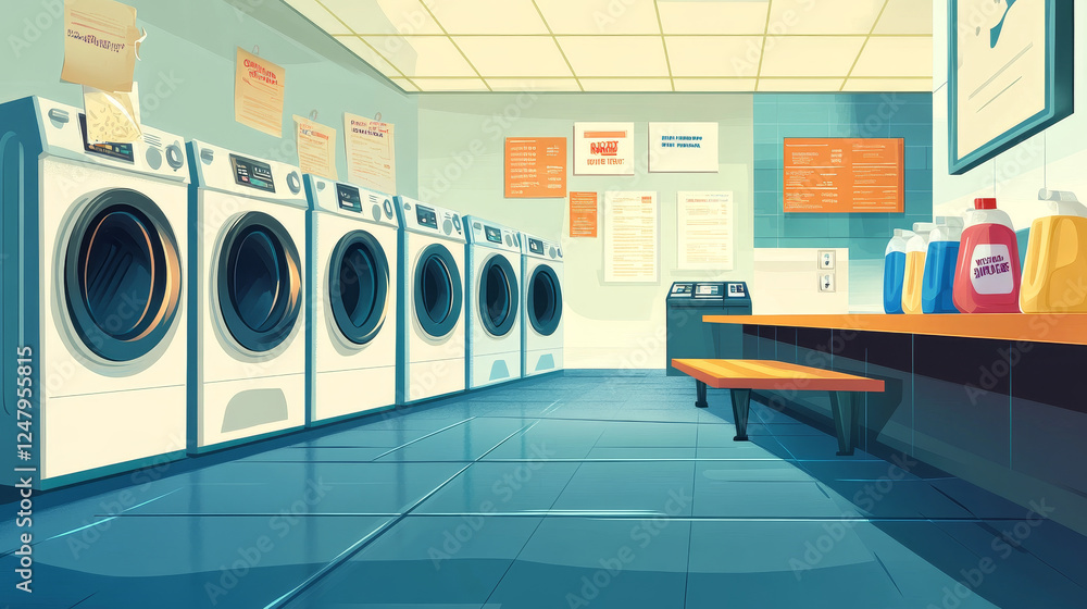 Public laundry room interior design. Vector cartoon illustration of ...