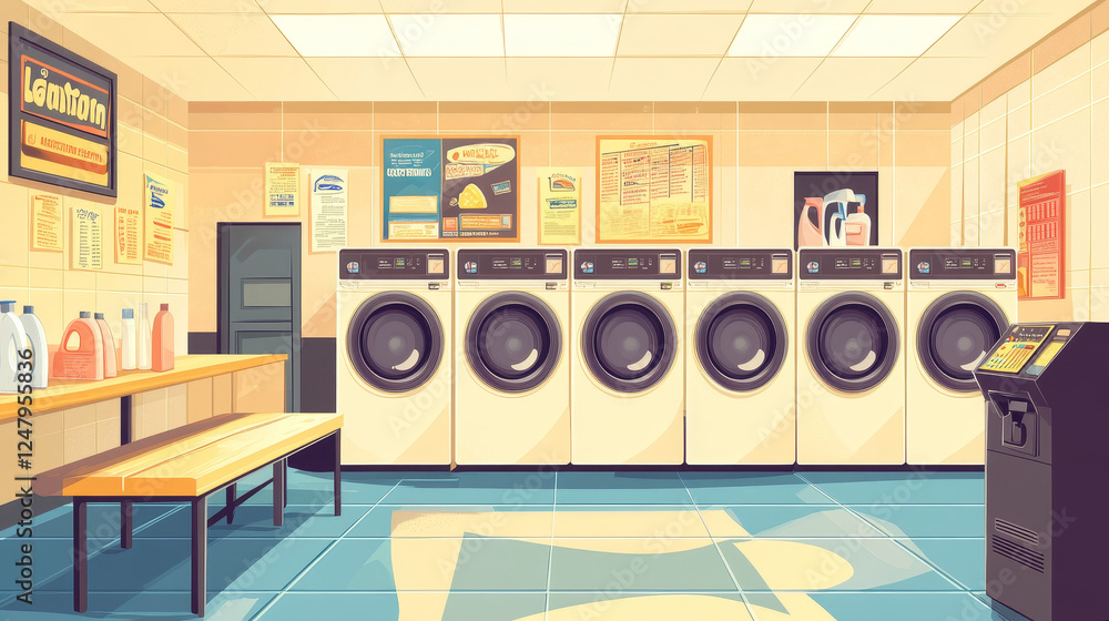 Public laundry room interior design. Vector cartoon illustration of ...