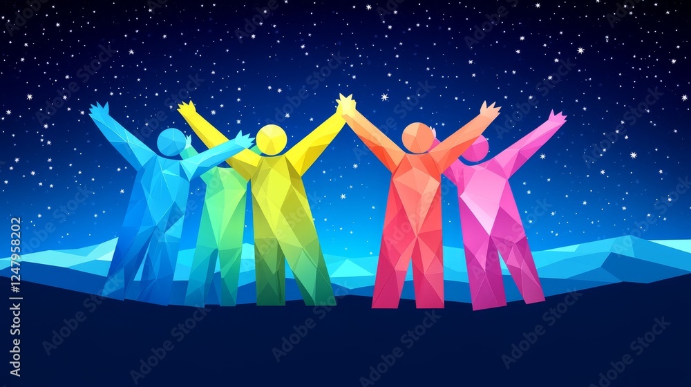 Silhouette figures celebrating under starry night sky vibrant color ...