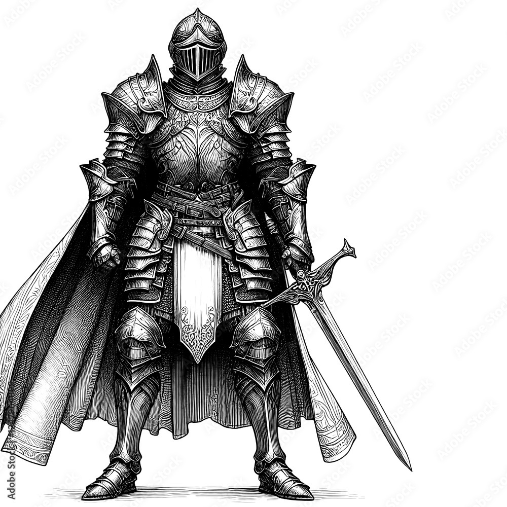 Knight with two-handed sword, full armor, line sketch engraving, black ...