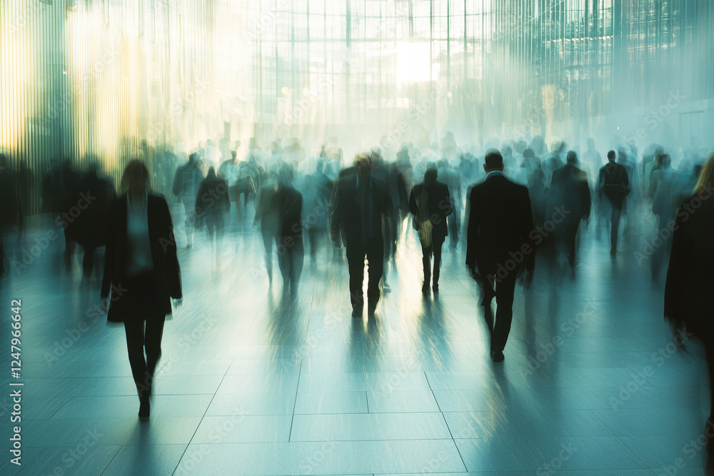 Long exposure shot of crowd of business people walking in bright office ...