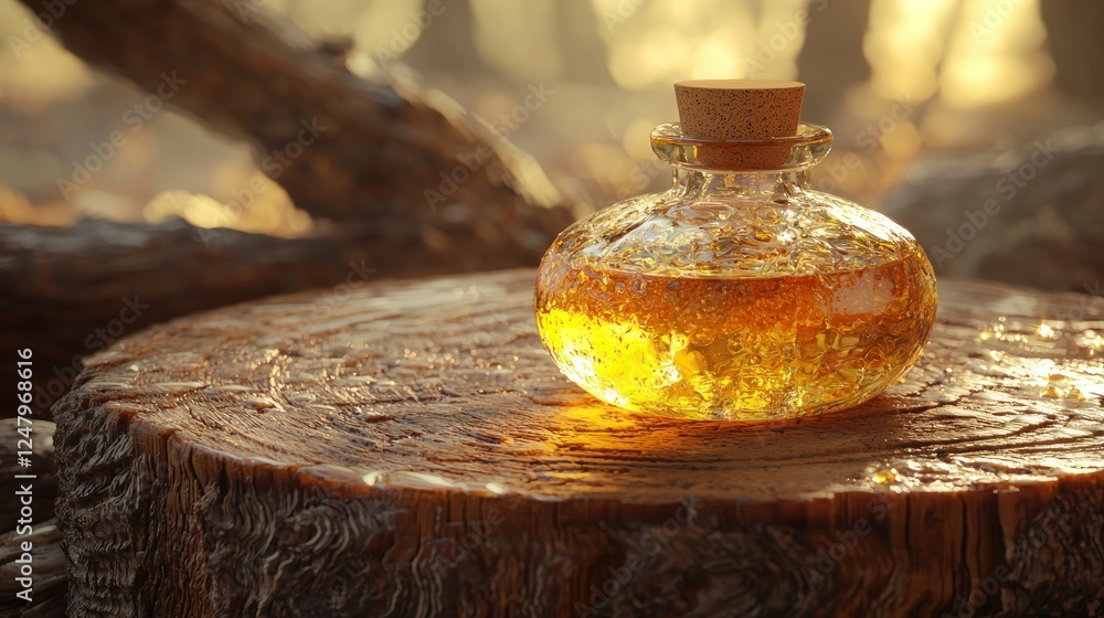 Golden potion on forest stump, sunrise background; health, wellness ...