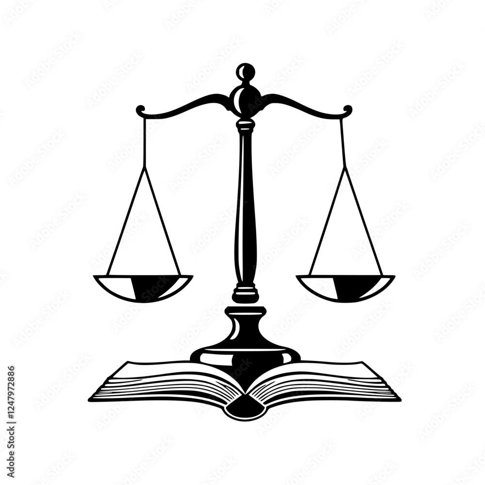 "Scales of Justice: Justice scale resting on an open book, a symbolic ...