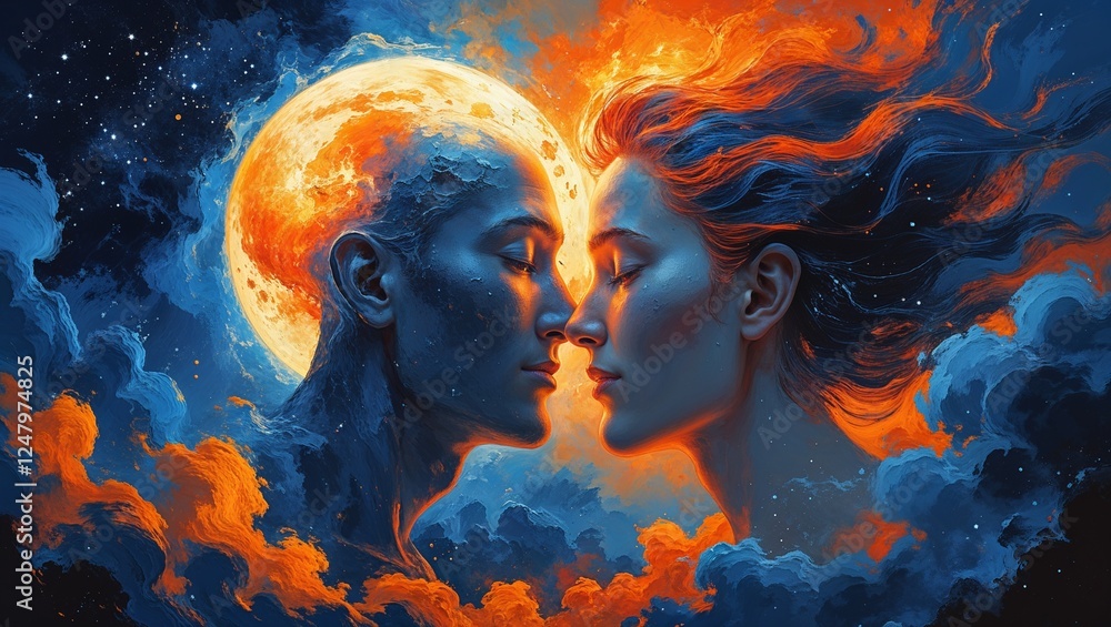 Stunning artwork of sun and moon faces merging in a fiery cosmic ...