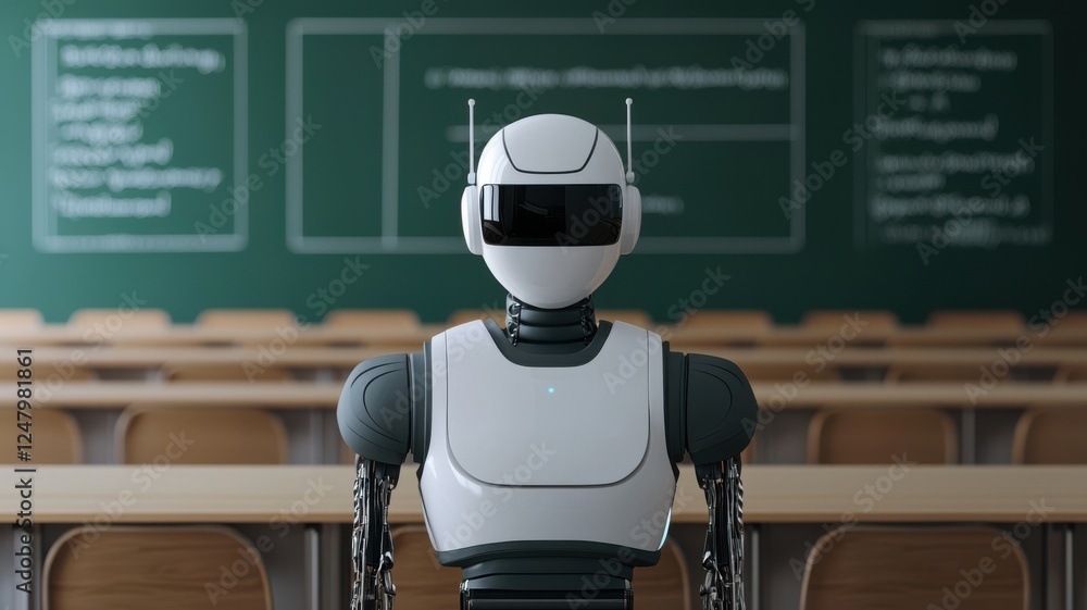 Ai robot teaching students in classroom educational setting digital ...