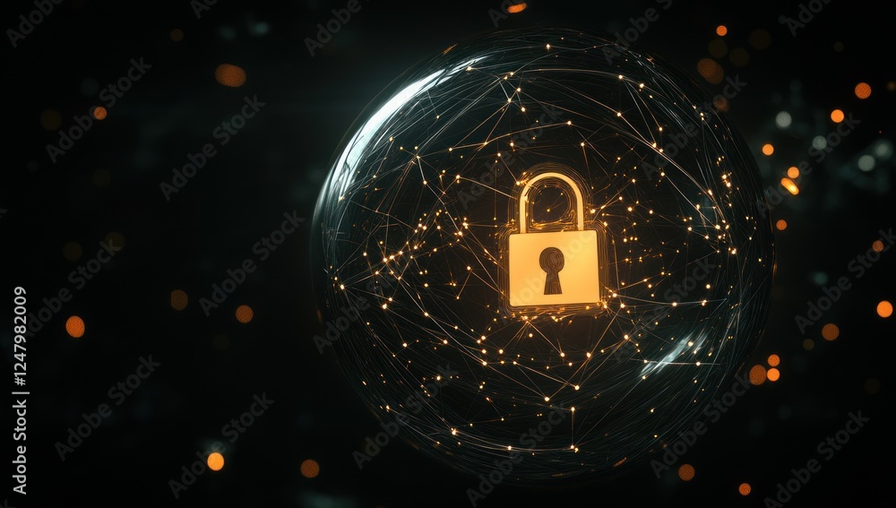 Glowing padlock inside a digital sphere, representing cybersecurity and ...