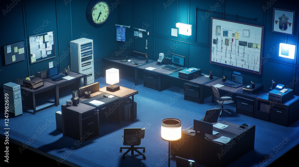 Police station room or detective office interior set. Police department ...