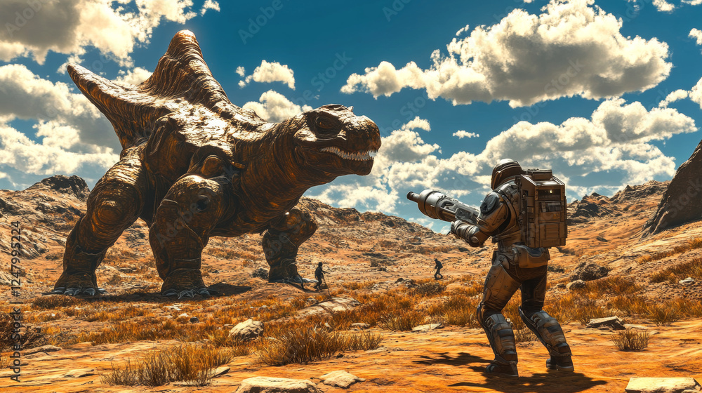 Scientist in hangar on alien planet surface with drilling rig. Vector ...