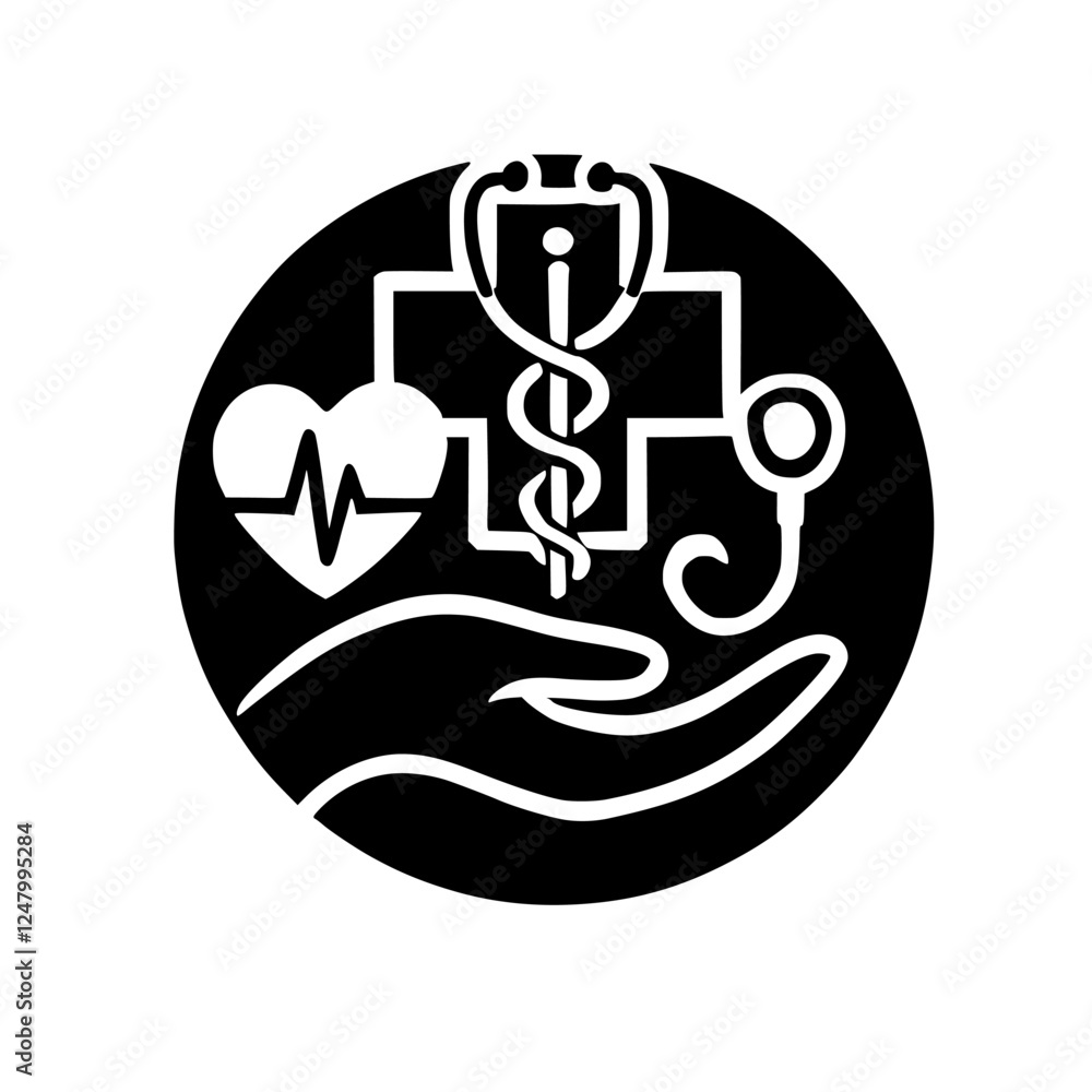 Healthcare Symbol: Black and white circle with medical symbols, heart ...