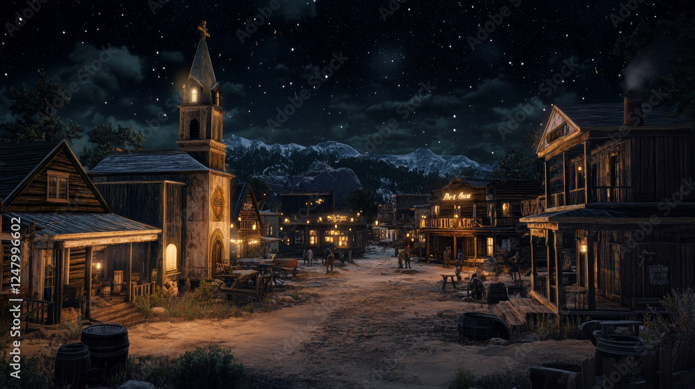 Western town with old wooden buildings at night. Wild west landscape ...