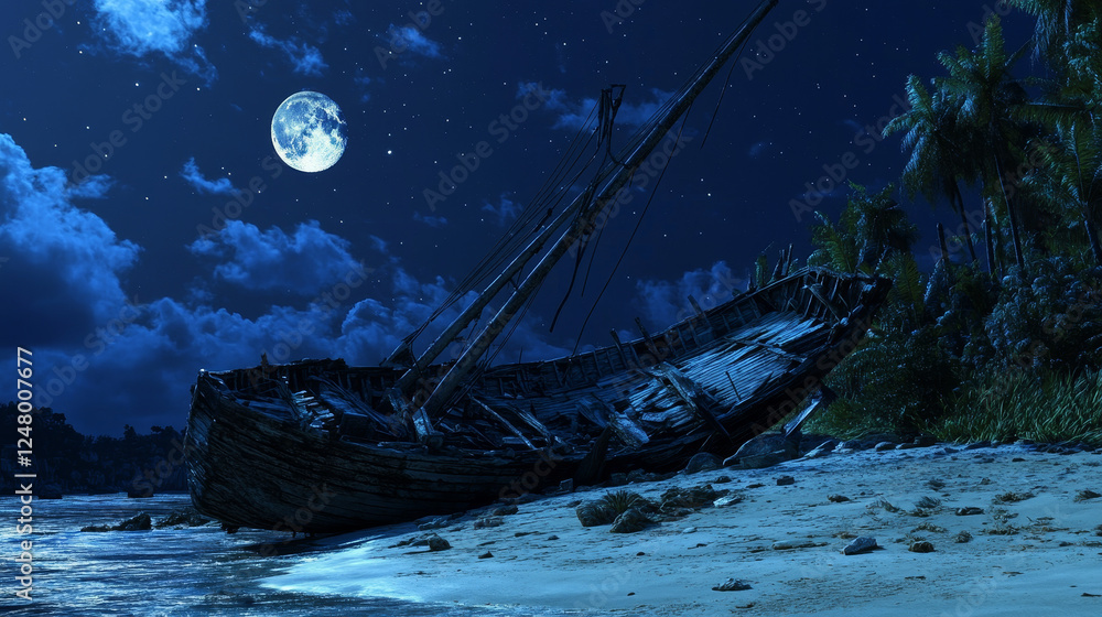 Wrecked ship on night tropical island. Vector cartoon illustration of ...