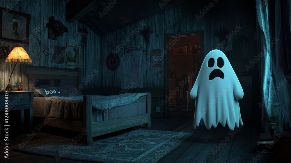 Stock-Illustration „Ghost in night abandoned bedroom. Scary spook ...