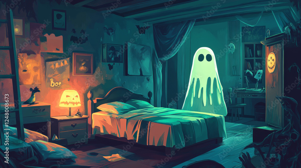 Illustration Stock Ghost in night abandoned bedroom. Scary spook ...