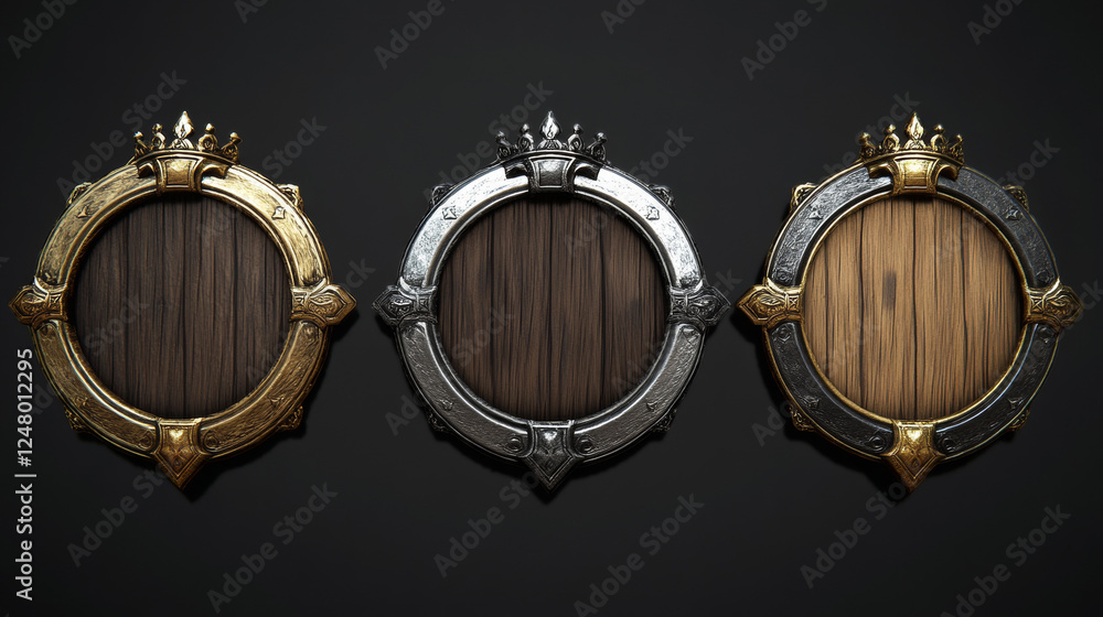 Rank avatar frame, fantasy game ui button icon. Gold and metal round ...