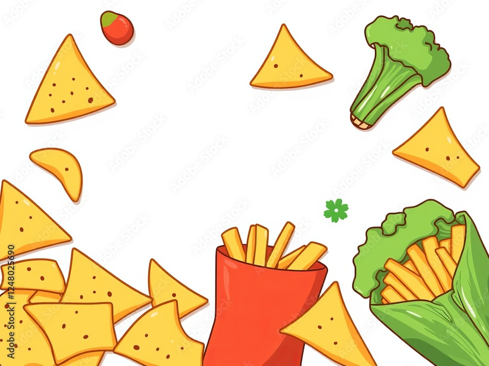 Collection of outline chips on white background, including potato, corn ...