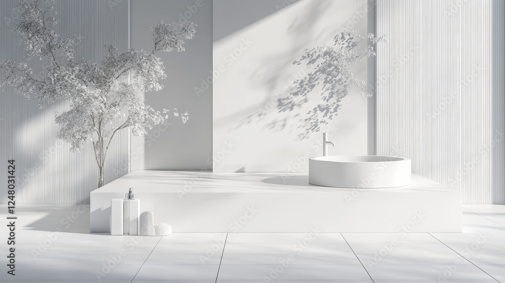 3d white kitchen tile podium platform background. Perspective product ...