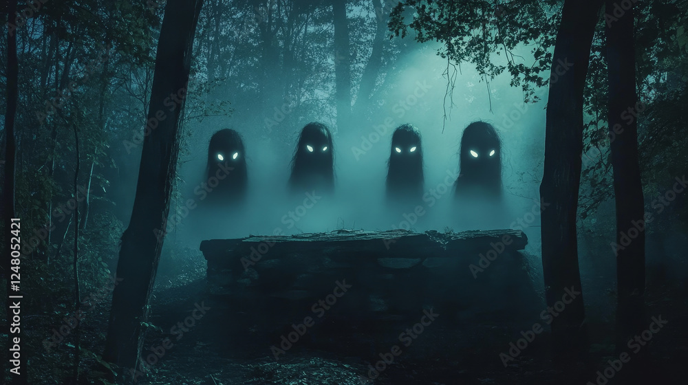 Illustration Stock Spooky haunted forest night landscape with round ...