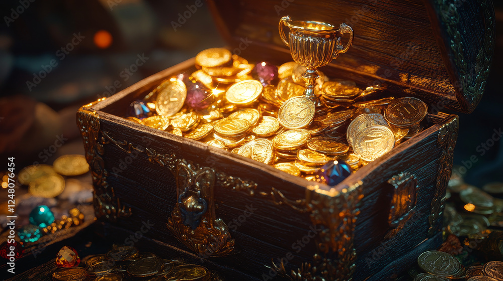 Chest with gold coins, gemstones, crystals and trophy. Pirate treasure ...