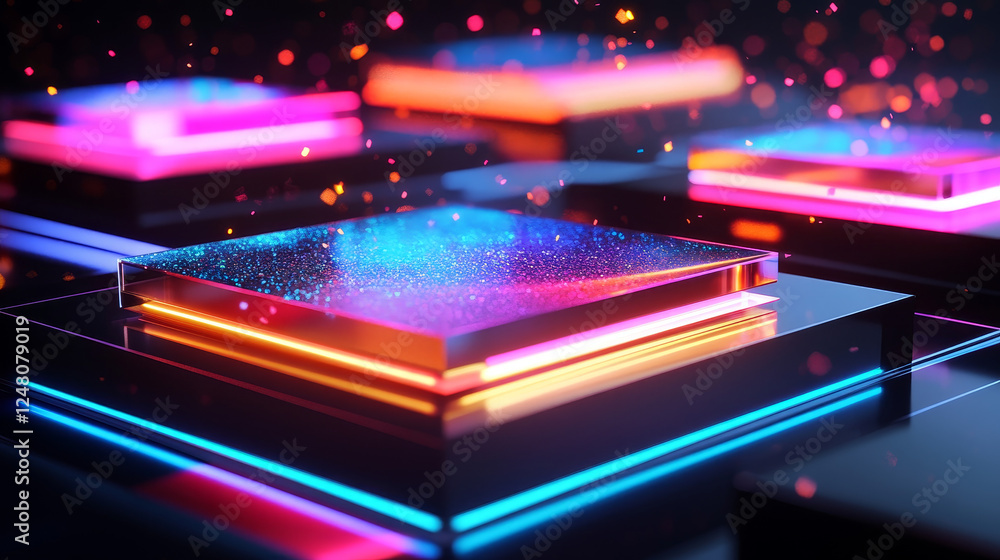 Futuristic hologram platforms with blue glowing neon lights, sparkling ...