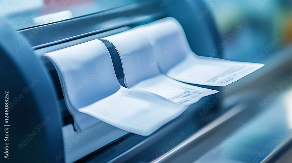 Blank white paper receipts in slot of pos or atm machine. Empty cash ...