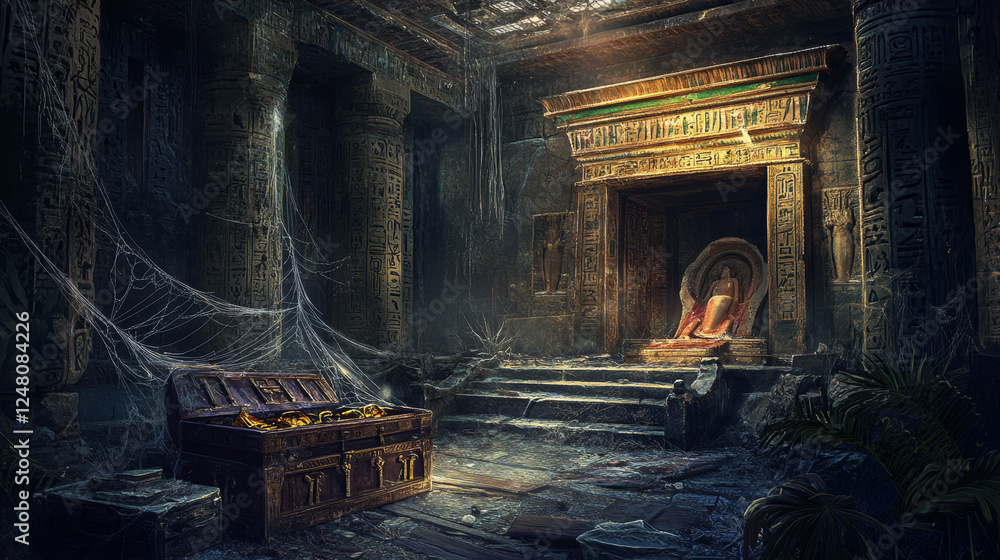Abandoned ancient egypt temple game background with spiderweb at night ...