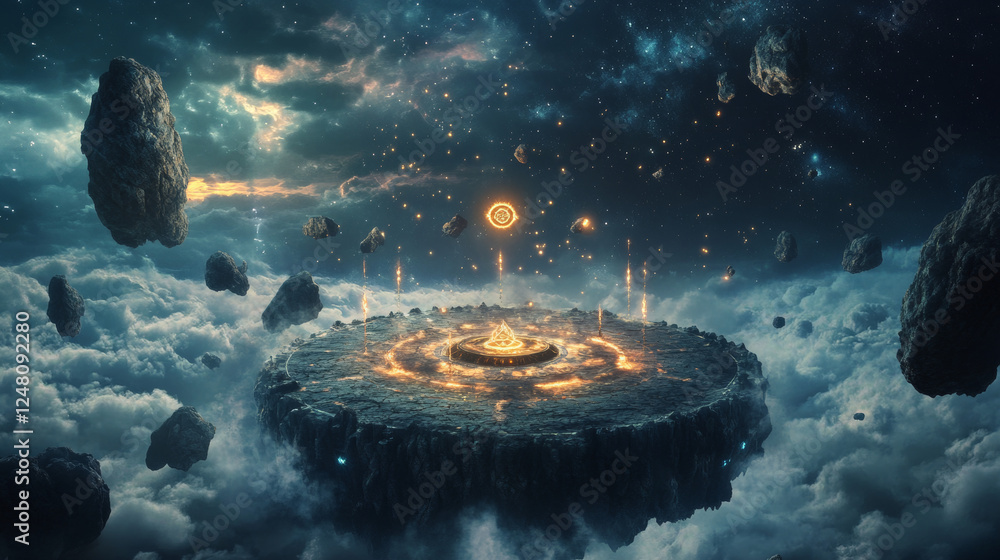 Battle arena, magic altar with runes in float night sky with clouds ...