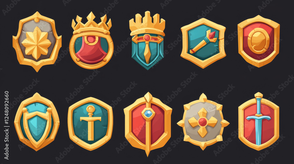 Pink game achievement badges, circle buttons with golden frames. Vector ...