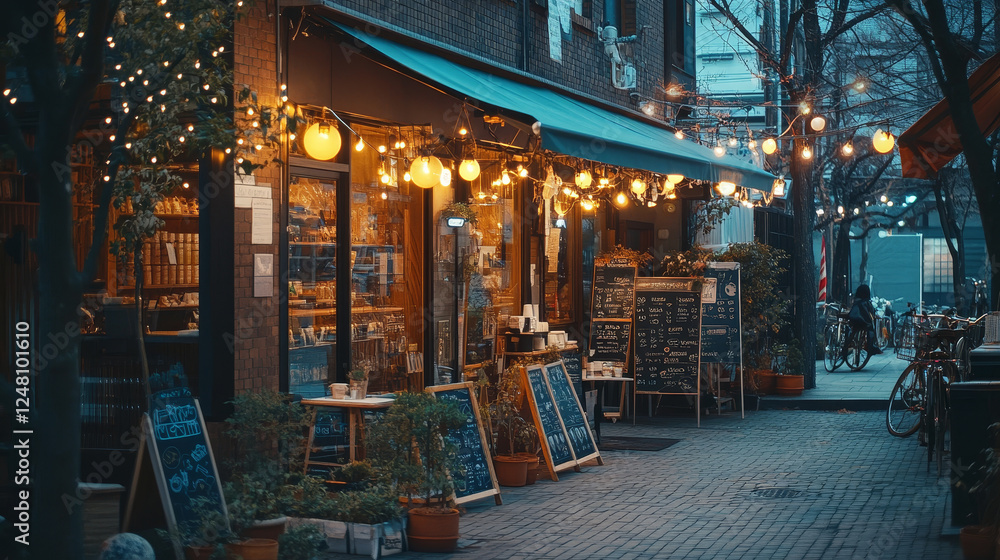 Vintage coffee shop. Cafe storefront building exterior design. Small ...