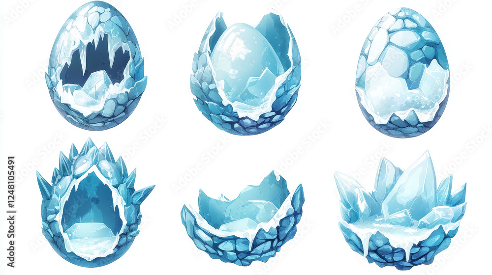 Cartoon dragon ice crystal eggs animation with whole, cracked and ...