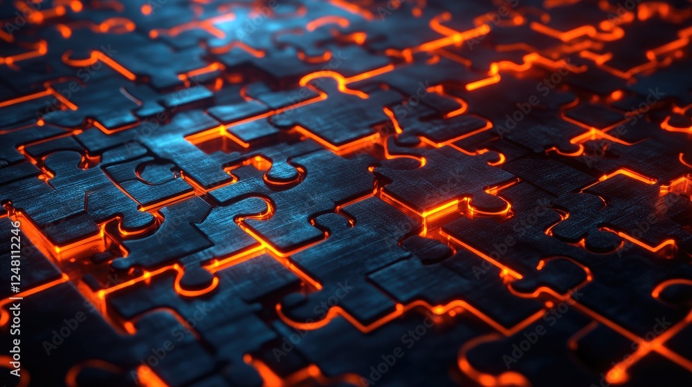 A complex network of interlocking puzzle pieces with glowing lines ...