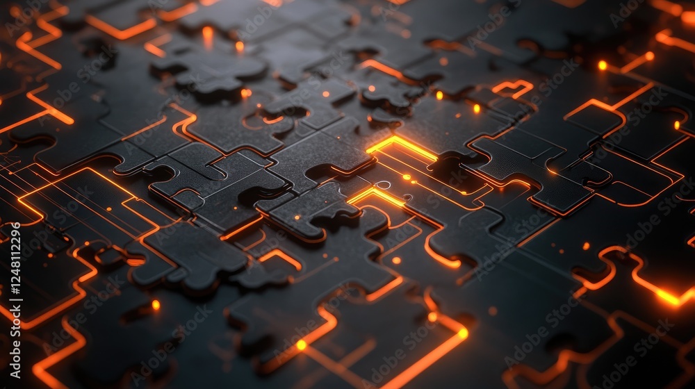 A complex network of interlocking puzzle pieces with glowing lines ...