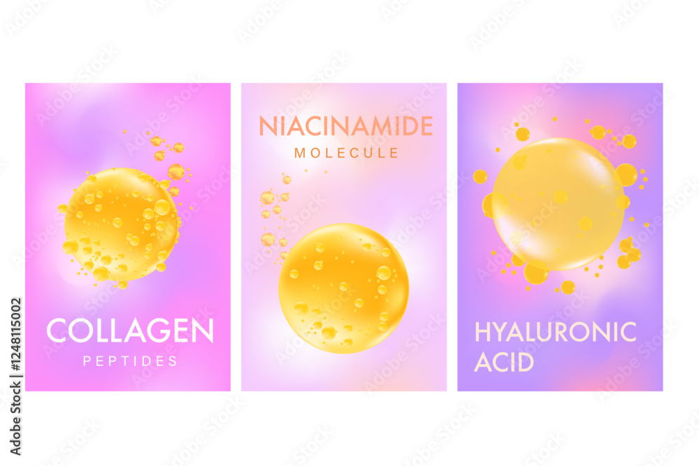 Abstract beauty cosmetic poster set with hyaluronic acid, collagen ...