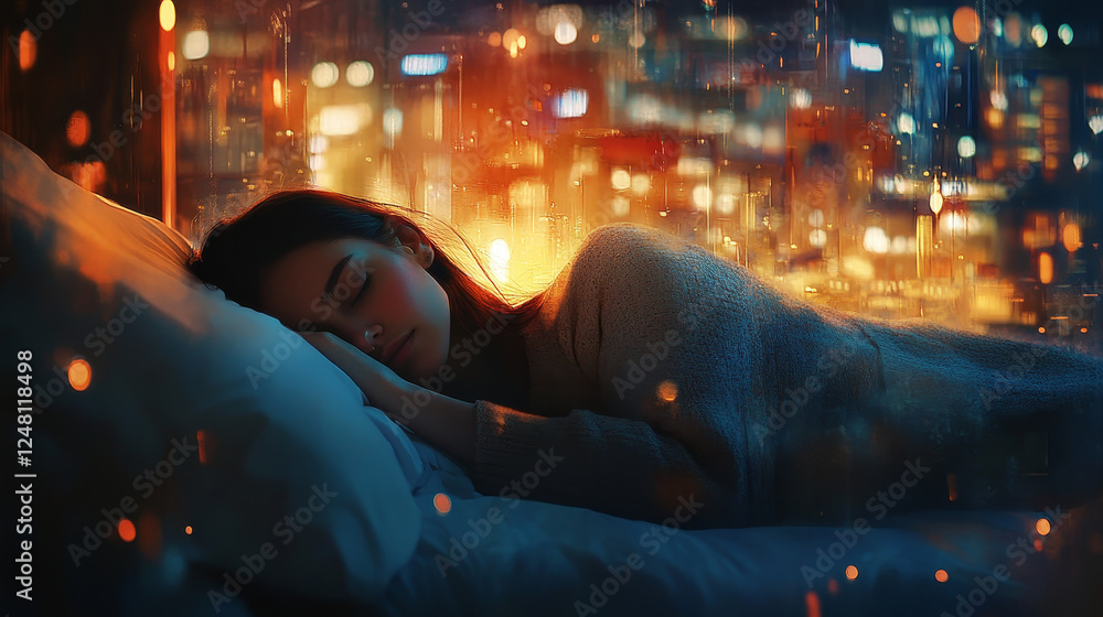 Young woman sleeping on bed seeing dream night city top view. Girl ...